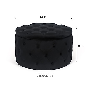 Homebeez 24.8" Round Velvet Storage Ottoman, Button Tufted Footrest Stool Coffee Table for Living Room, Black