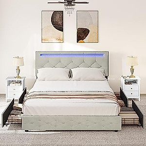 YITAHOME Bed Frame Queen Size, Led Bed Frame with 4 Storage Drawers, Adjustable Upholstered Headboard Platform Bed with Wooden Slats Support, No Box Spring Needed, Grey