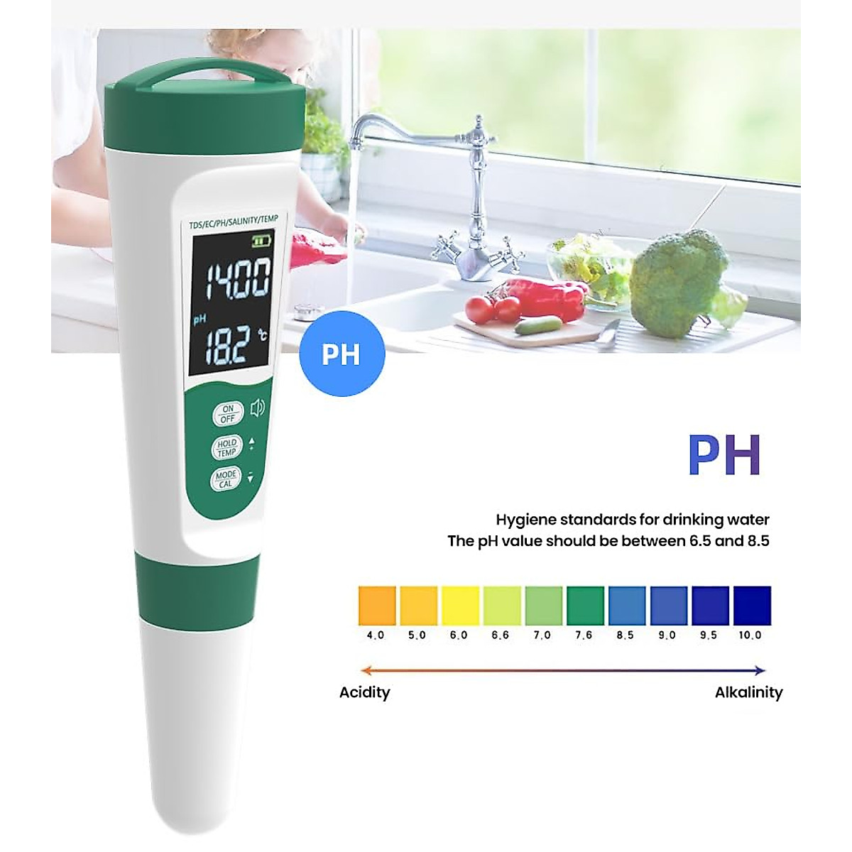 5-in-1 Voice Prompts Water Quality Tester for PH/TDS/EC/Salt/Temperature, with USB-Rechargeable, IP67 Digital pH Meter with Auto Calibration and VA for Hydroponics, Garden, Pool, Aquarium