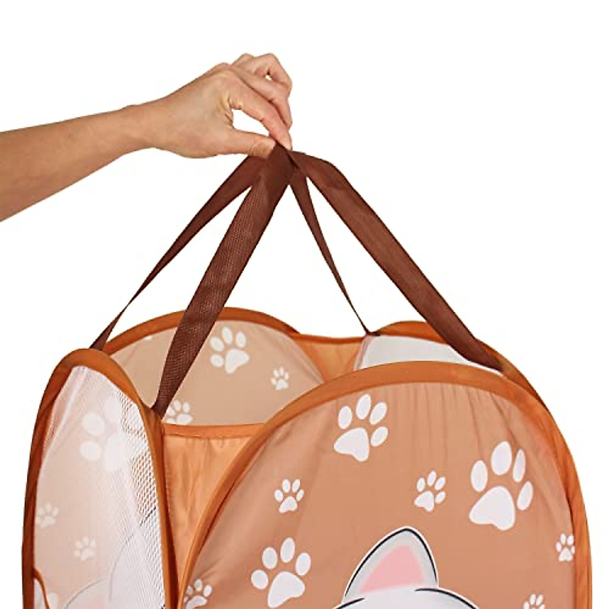 WEI LONG Mesh Popup Hamper-Foldable Lightweight Basket for Washing-Durable Clothing Storage for Kids Room,Students College Dorm,Home,Travel & Camping-Pop-up Clothes Hamper (Khaki Cat Paw)
