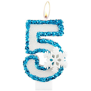 iNINGER Frozen Snow Themed Birthday Candles,Snowflake Birthday Candles Number 5 Candle,Snow Themed Birthday Candles for Cake,Blue White Birthday Candles Cake Toppers Birthday Party Supplies