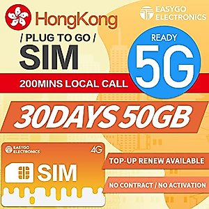 Hong Kong Sim Card 30Day 50GB 4G 200mins Local Call 4G LTE prepaid sim Card +852 Number
