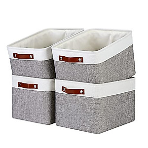 Ecegeva Storage Baskets for Shelves, Large Rectangular Basket with Leather Handles for Organizing Toys Towels Books, Decorative Storage Baskets for Shelves Closet Laundry Nursery Storage(White&Grey)