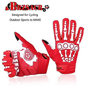 BRZSACR Cycling Gloves Full-Finger Gloves Skeleton Bones Motorcycle Bike Gloves Mountain-Padded Road Bicycle for Men Women Non-Slip and Resistance to Abrasion for Biking Climbing Hiking.(Red.XL)
