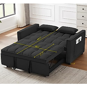 Lin-Utrend 55''Convertible Sleeper Sofa Couch with Adjustable Backrest, Modern Velvet 2 Seater Sofa with Pull-Out Bed with 2 Pillows, Small Love Seat Lounge Sofa Bed for Small Space (Black)