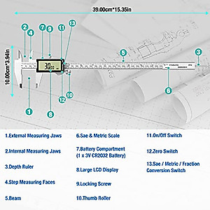 Raynesys Digital Caliper 12 Inch with Large LCD Screen, Inch/MM/Fraction Conversion, 300mm Micrometer Caliper All Stainless Steel Diameter Measuring Tool for Jewelers/Woodworkers/DIY