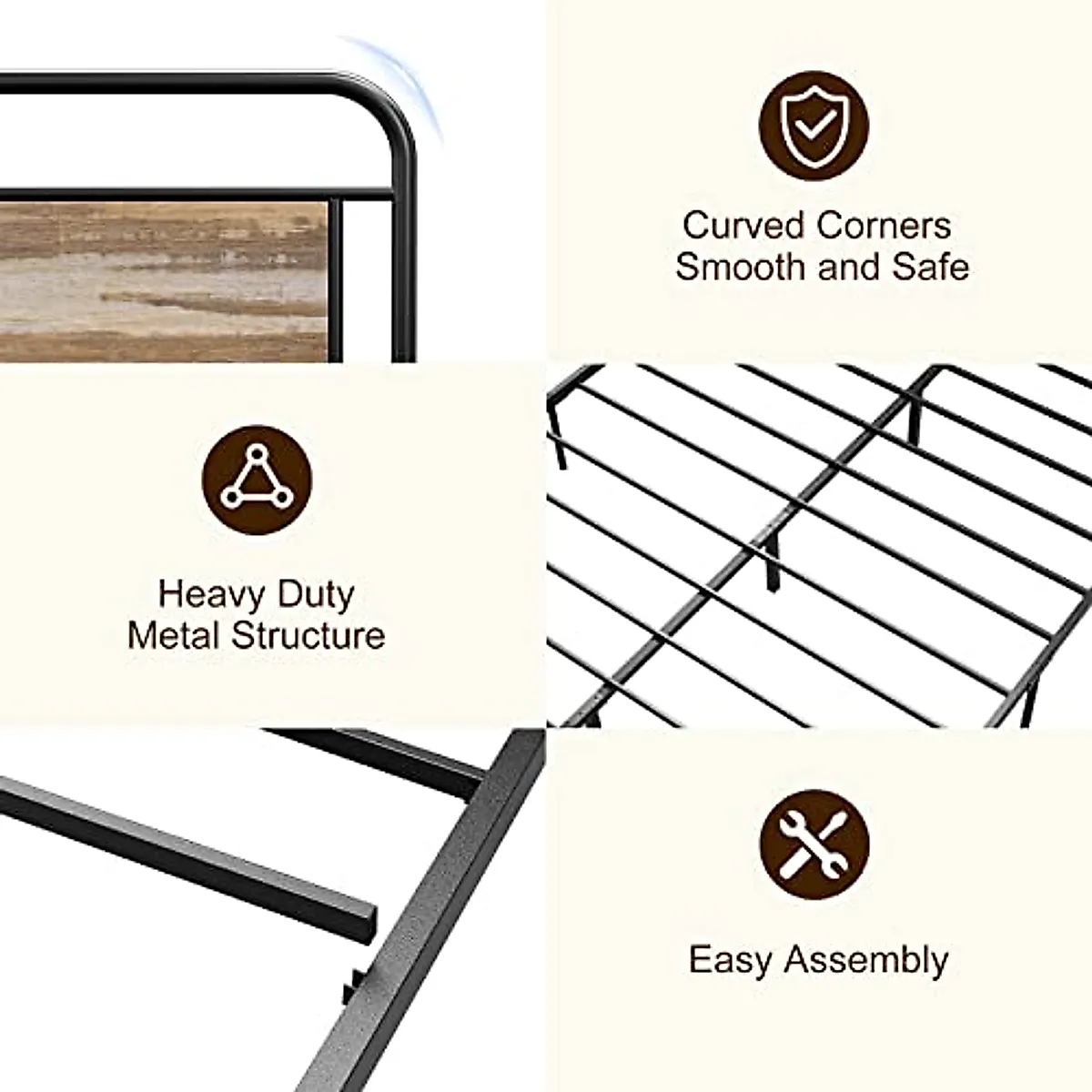 IKIFLY Metal Queen Size Platform Bed Frame with Industrial Wood Headboard/Footboard, Strong Metal Slats, Easy Assembly, Noise-Free, No Box Spring Needed - Wood Brown