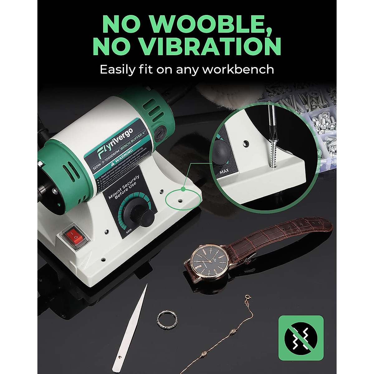 Flyrivergo Jewelry Polisher, Bench Buffer, Adjustable Variable Speed Polishing & Buffing Machine, with 2 Cotton Wheels and 2 Abrasive Fiber Wheels for Jewelry, Wood, Silver, Dental, Metal, Jade 110V