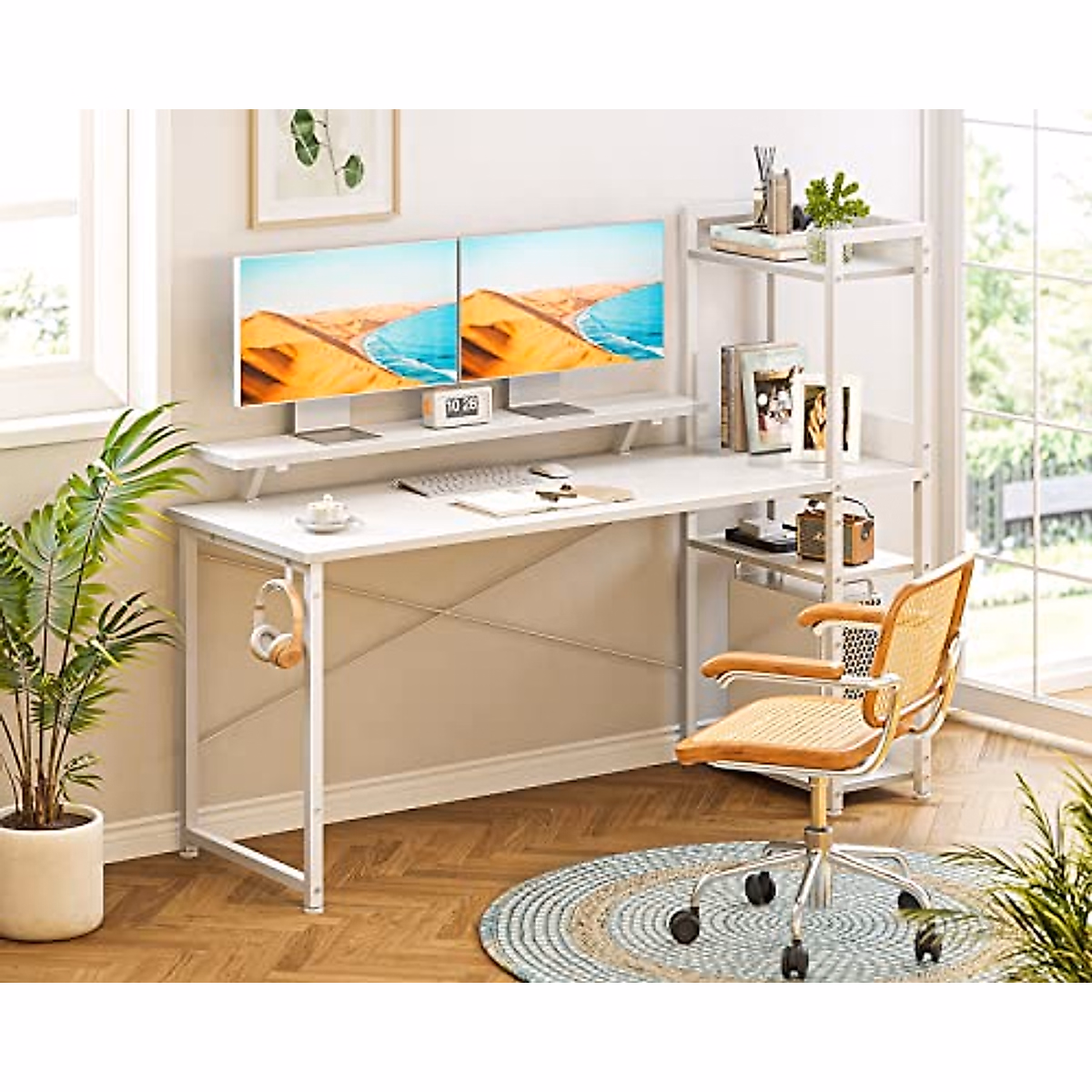 ODK Computer Desk with Storage Shelves and Monitor Stand, 55 Inch Writing Desk with Bookshelf, Reversible Study Table for Home Office, Small Space Bedroom, White