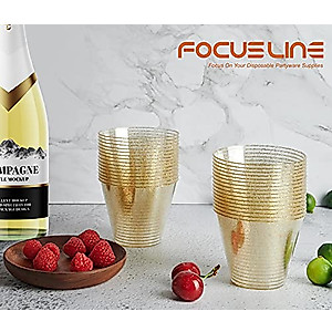 FOCUSLINE 100 Pack Gold Glitter Plastic Cups 9 oz Clear Plastic Cups Tumblers, Fancy Disposable Hard Plastic Cups with Gold Glitter for Wedding Cups Elegant Party Cups