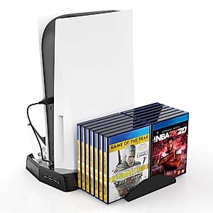 PS 5 Vertical Stand with Cooling Fan for Digital and Disk Edition, Charging Station Dock with Dual Controller Fast Charger Ports and Retractable Game Storage for PS 5 and Controllers