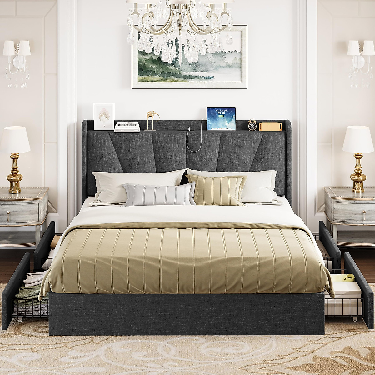 LIKIMIO King Bed Frame and Upholstered Headboard, Platform Bed with Storage Drawers and Outlets, Sturdy, Noiseless, No Box Spring Needed, Easy Assembly, Dark Gray