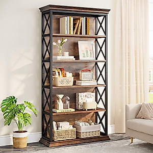 Tribesigns 6-Tier Bookcase, 71 Inches Industrial Bookshelves and Bookcases, Floor Standing 5 Shelf Display Storage Shelves Tall Bookcase for Home Office, Living Room, Bed Room, Brown and Black