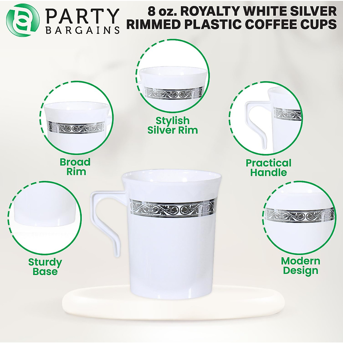 PARTY BARGAINS 8 oz Royalty White Silver Rimmed Plastic Coffee Cups with Handles - [32 Pack] Disposable Plastic White Tea Cups, for Weddings, Bridal Showers, Engagement Parties, Camping