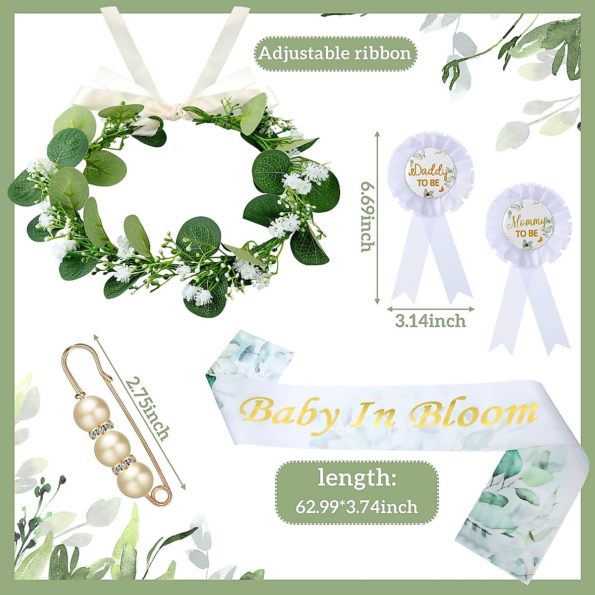 5 Pieces Eucalyptus Leaves Baby Shower Mom to be badge Eucalyptus Leaves Crown Kit, Include Gold Glitter Letters Sash, Mom to Be & Daddy to Be Corsage and Pearl Brooch Pin Headband Keepsake Decoration