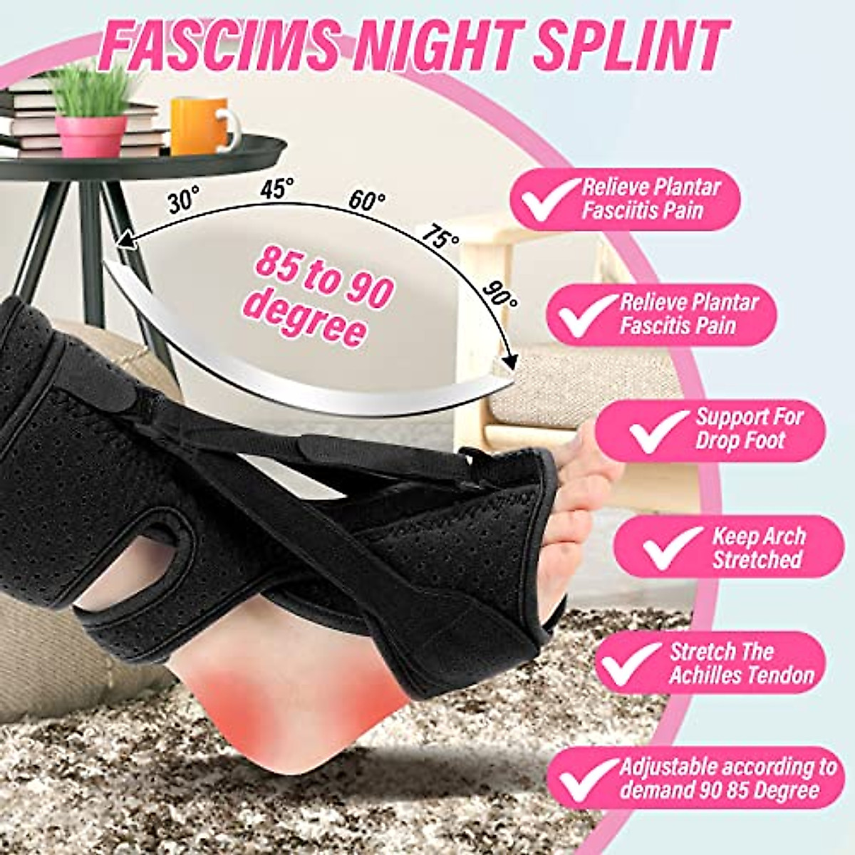 Longzhuo Plantar Fasciitis Night Splint, Plantar Fasciitis Relief, Adjustable Straps Foot Drop Brace Achilles Tendonitis Relief with Massage Ball+Plantar Fasciitis Socks for Women & Men (Black)