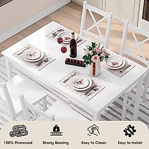 Alohappy Dining Table Set for 4, 5 Piece Kitchen Table Set with 4 Chairs Pine Wood Dining Table Rectangle Breakfast Table and Chairs for Small Space, Space-Saving & Easy Assembly (White)