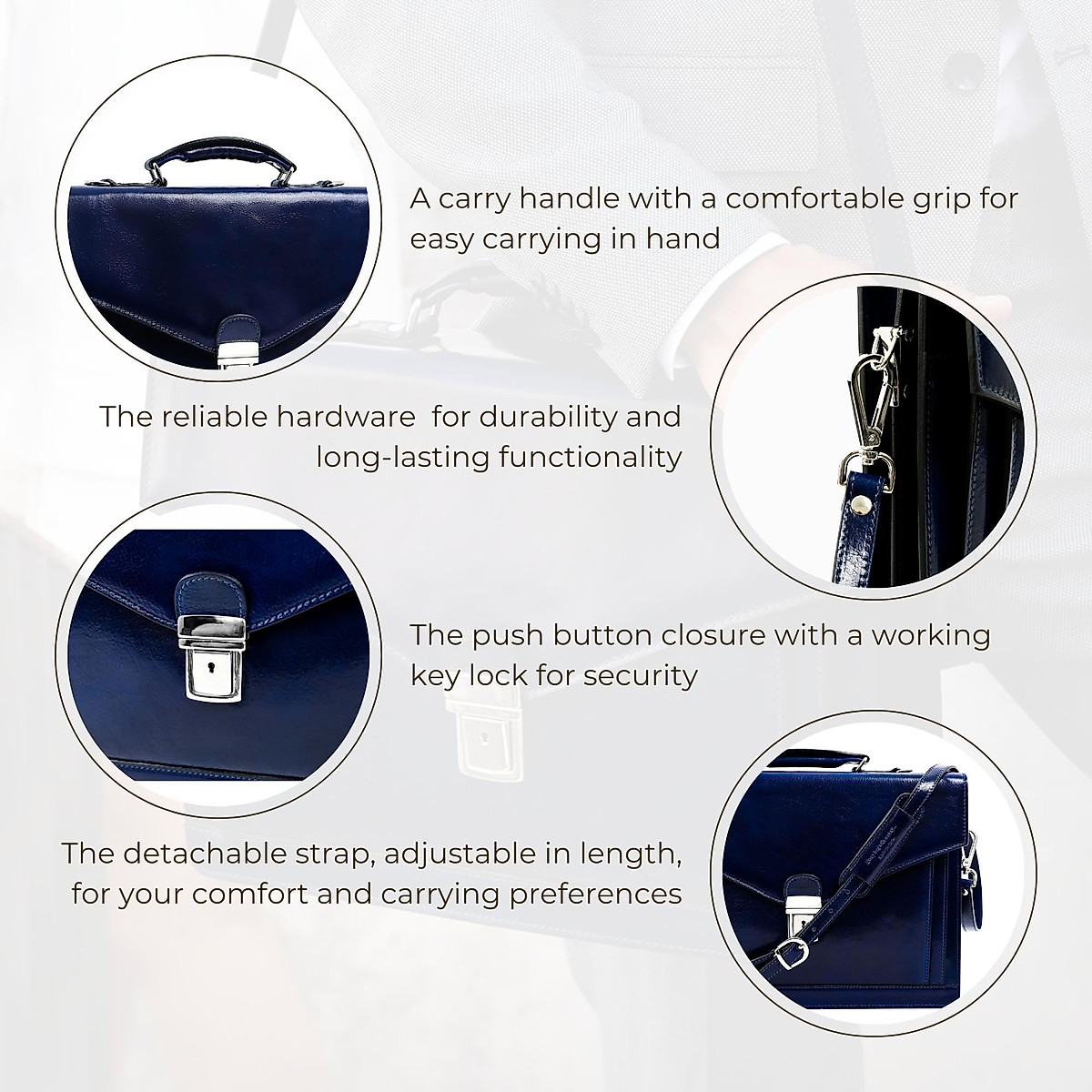 Time Resistance Leather Briefcase for Men Handmade Italian Laptop Bag Classy Blue Attache Case