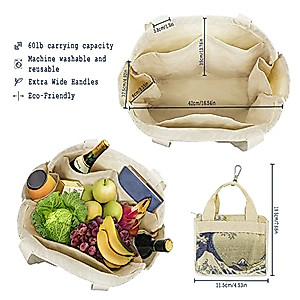 Reusable canvas shopping bag - with Coin Purse, Canvas Shopping Bag with Handle, Organic Cotton Shopping Bag, Heavy Duty Machine Washable Cloth Tote Bag, Japanese Culture Style Printed Pattern (D)