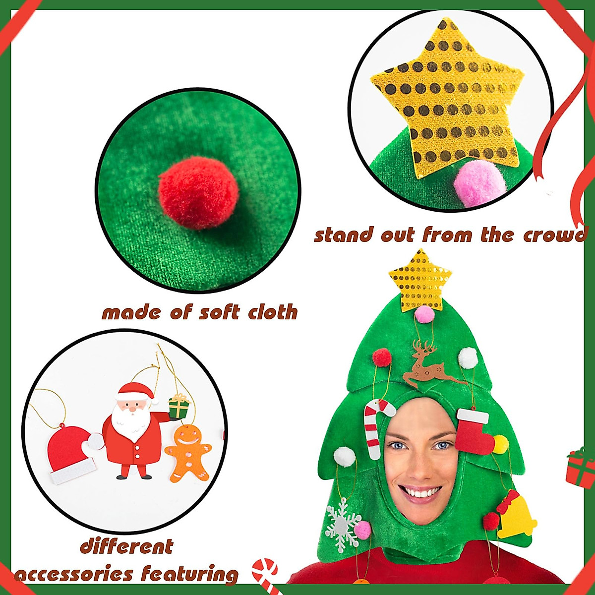 DomeStar Christmas Tree Hat with 7PCS Ornaments, Funny Christmas Hat, Novelty Santa Hat Crazy Hats Christmas Party Hat Dress Up Celebrations