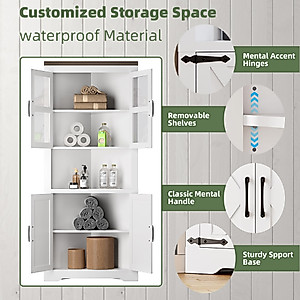 GarveeHome Farmhouse Corner Cabinet, Tall Corner Cabinet with Barn Door & Adjustable Shelves, Corner Storage Cabinet for Living Room, Kitchen, Bathroom, White