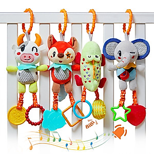 TUMAMA 4 Pack Baby Toys for 0 3 6 9 12 Months, Hanging Crib Toys for Newborn Infant Development, Car Seat Stroller Soft Plush Rattles Toy for Babies