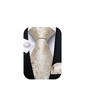 DiBanGu Champagne Gold Necktie and Pocket Square Cufflinks Champagne Floral Tie Set for Men Wedding Party