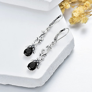 Black Earrings for Women 925 Sterling Silver Vintage Oxidized Branches Dangle Drop Leverback Earrings with Jet Black Crystal, Earrings Gifts for Women