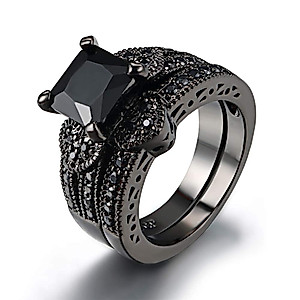 LOVERSRING Couple Ring Bridal Set His Hers Black Stainless Steel 10k Black Wedding Ring Band Set