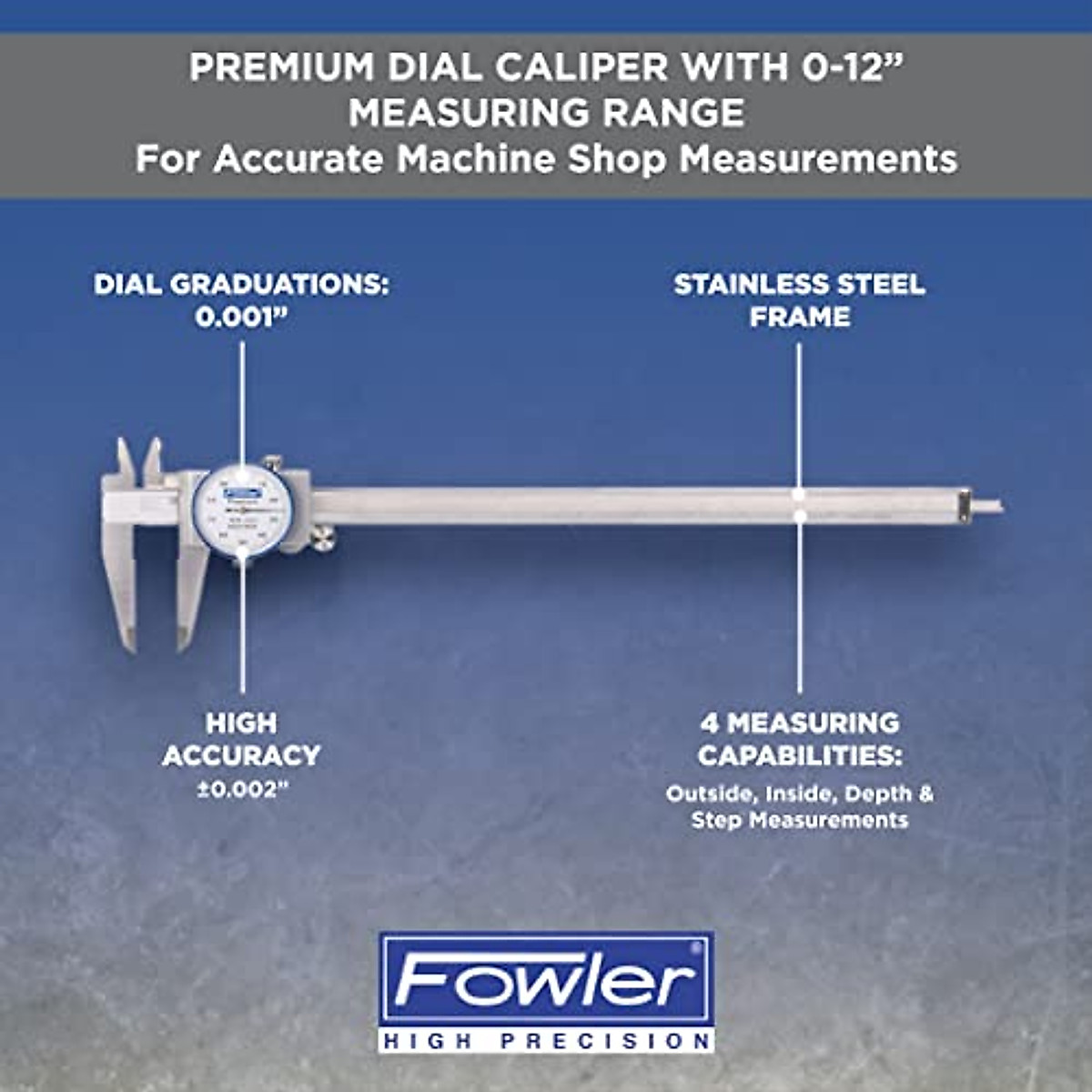 Fowler 52-008-712-0, Premium Dial Caliper With 0-12" Measuring Range (White)