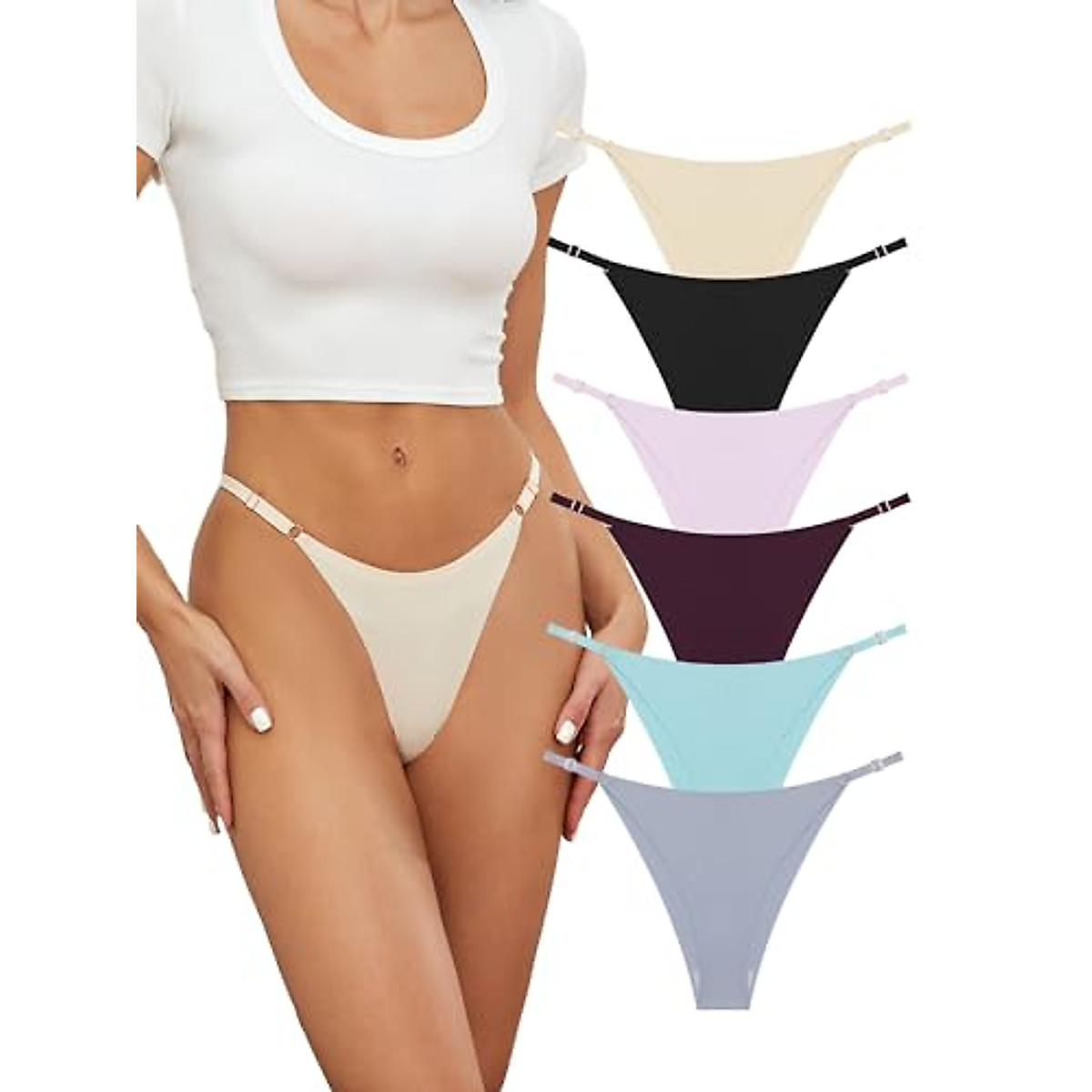 Bolivelan Adjustable Seamless String Underwear for Women G-String Thongs Panties High Cut Brazilian Briefs 6 Pack, US 4, Multicolor