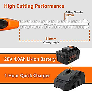 GARCARE Hedge Trimmers Cordless with Battery - Pole Hedge Trimmer with 20V 4.0Ah Li-Ion Battery & Quick Charger, 450mm Laser Cut Blade, 2.5M Pruning Saw & Garden Shears Included