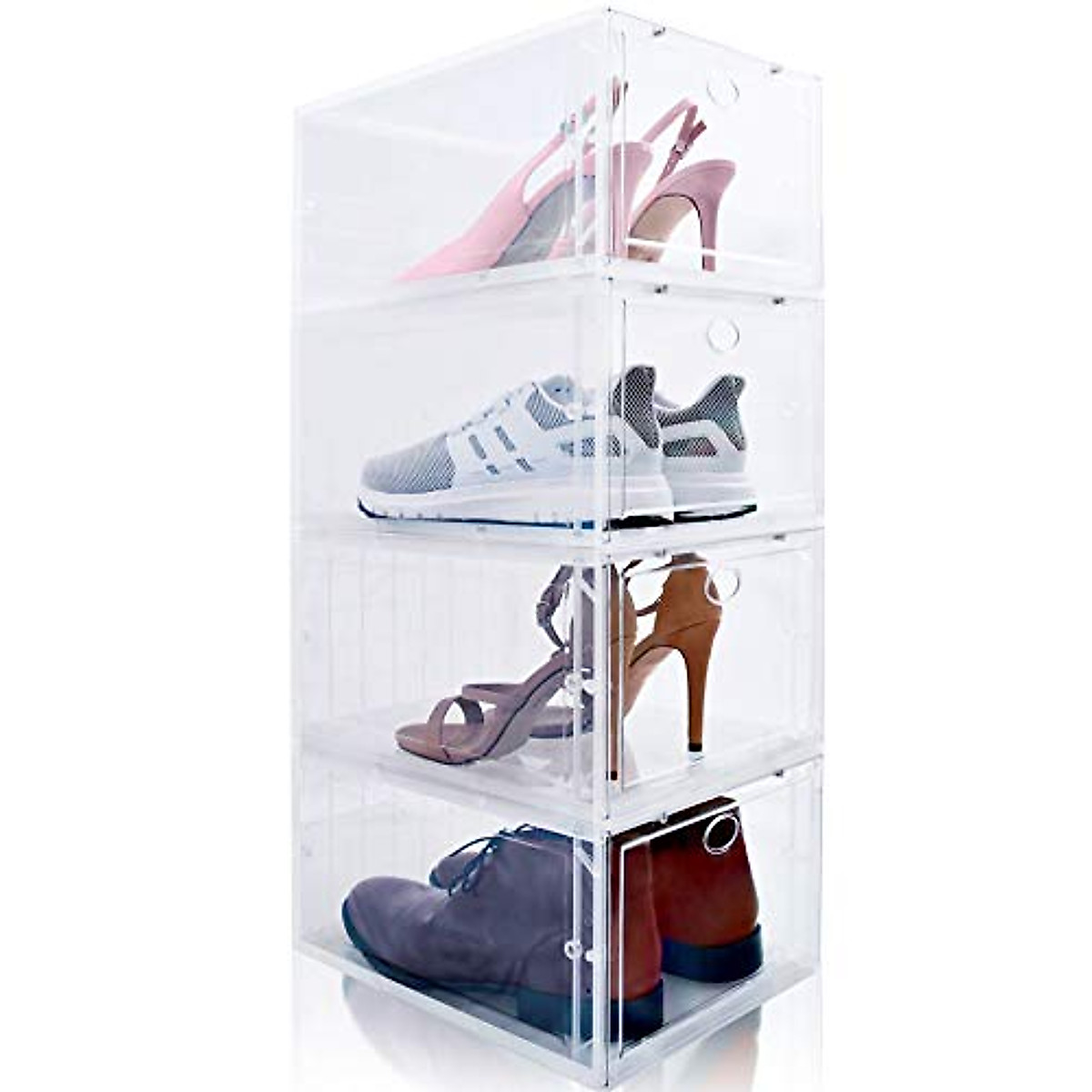 Drop Front Shoe Box, Set of 4, Stackable, for Men and Women - Clear, Plastic Shoes Storage Boxes for Sneaker, Heel, Sandal - space-saving closet organizer Shoe Container for shoe box organization