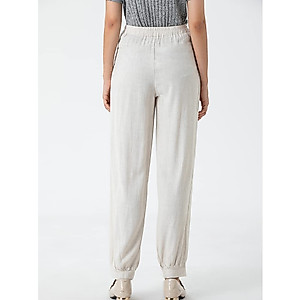 Minibee Women's New Cotton Linen Tapered Cropped Pants Elastic Waist Trousers Beige-XL