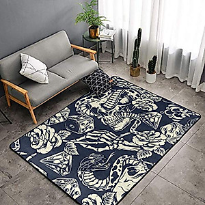 SWEET TANG Area Old School Tattoo Rose Skull Snake Dice Rug Soft Anti-Skid Floor Carpet Bedroom Rug Flannel Carpet Non-Slip Home Decor Durable Bedside Rug Premium Play Mat, 60x39