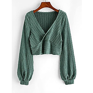 ZAFUL Women's Pullover Ribbed Cropped Knitwear Drawstring Ruched Knitted Crop Top Solid V-Neck Long Sleeve T-Shirt Green