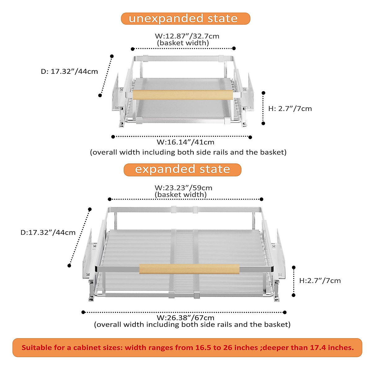 SANNO Pull Out Cabinet Organizer, Slide Out Cabinet Shelf,Under Sink Slide Out Cabinet Organizer, Pots Pans Organizer Smooth Roll,Expandable Width 16.1~26.4" W