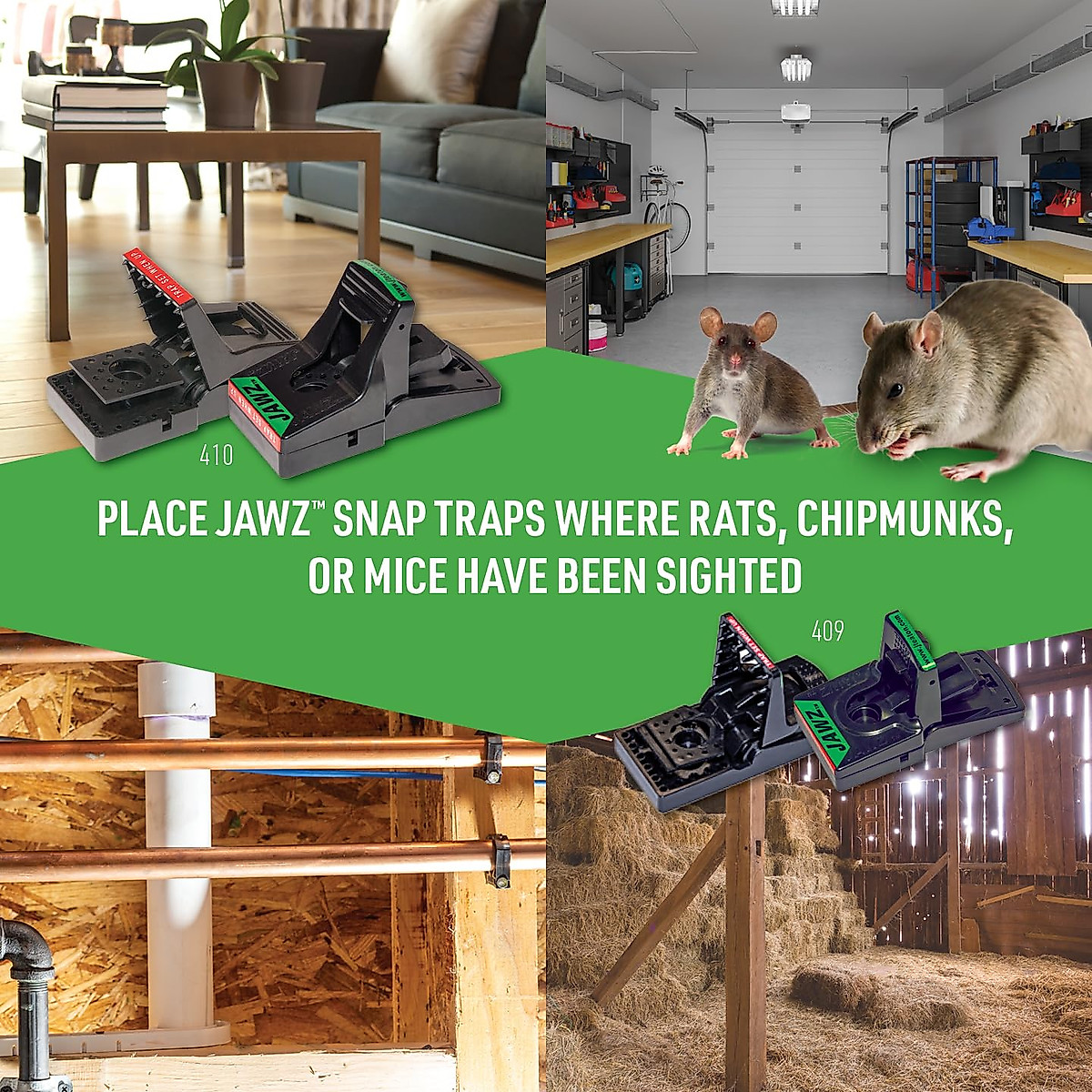 JT Eaton 410BULK Jawz Plastic Rat Trap, High Tension Spring, Reusable Rodent Snap Trap for Solid or Liquid Bait, 12 Pack