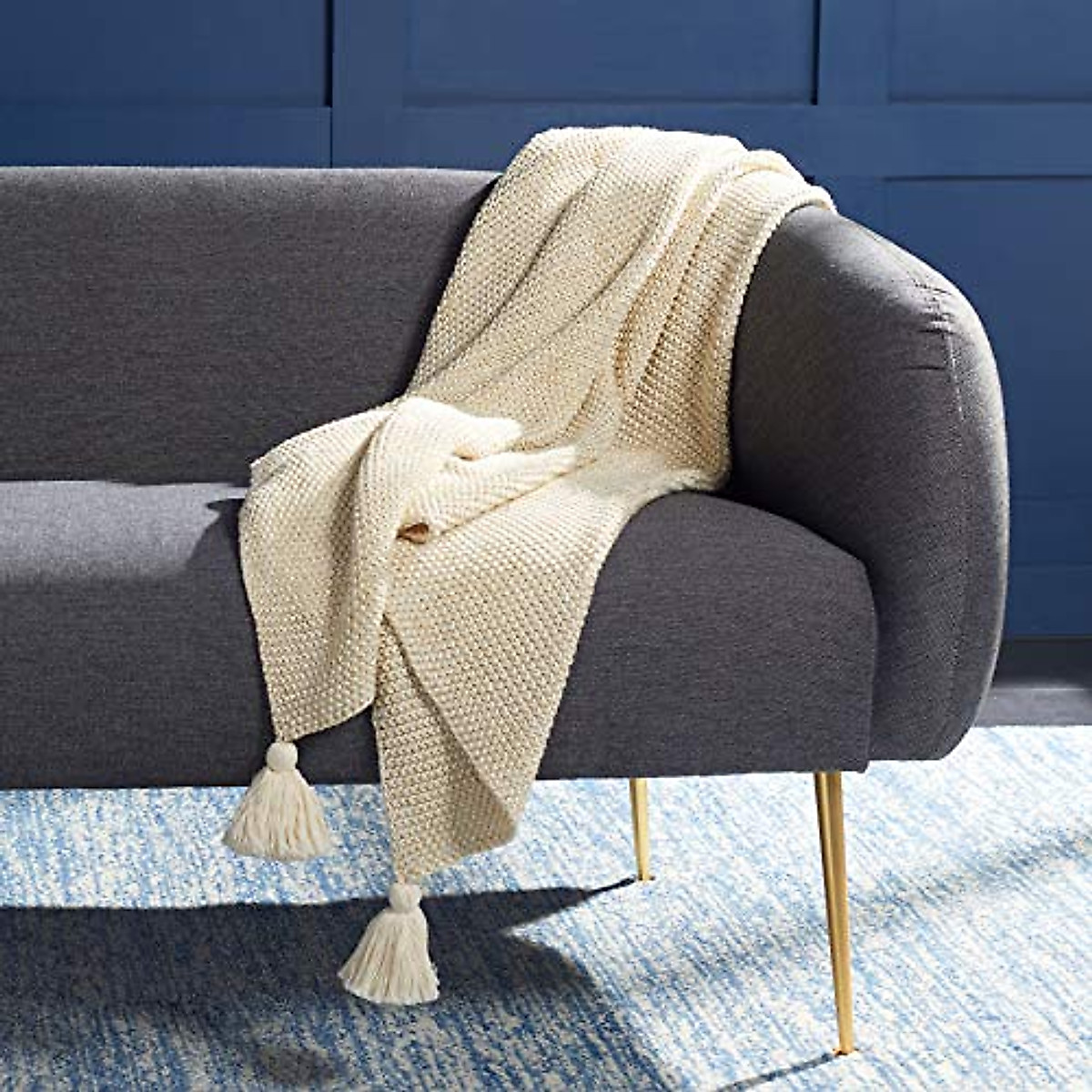 Safavieh Home Collection Mari Boho Beige/Gold Cotton 50 x 60-inch Tassel Sofa Chaise Lounge Club Chair Living Room Bedroom Decorative Throw Blanket THR235A-5060