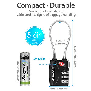 Fosmon TSA Approved Cable Locks for Luggage, Suitcase, Gun Case Locks with Push Release Button, 3 Digit Long Shackle Combination Wire Locks for Backpack Zipper Anti Theft, Gym Locker -3 Pack, Black