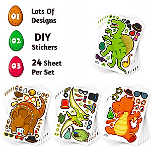 Dinosaur Stickers,Make Your Own Dinosaur Stickers,Make A Dinosaur Stickers DIY Stickers Dinosaur Party Sticker Craft Game,Dino Theme Birthday Party Favors for Kids (24 Sheets) (Make-A-Dinosaur Stickers)