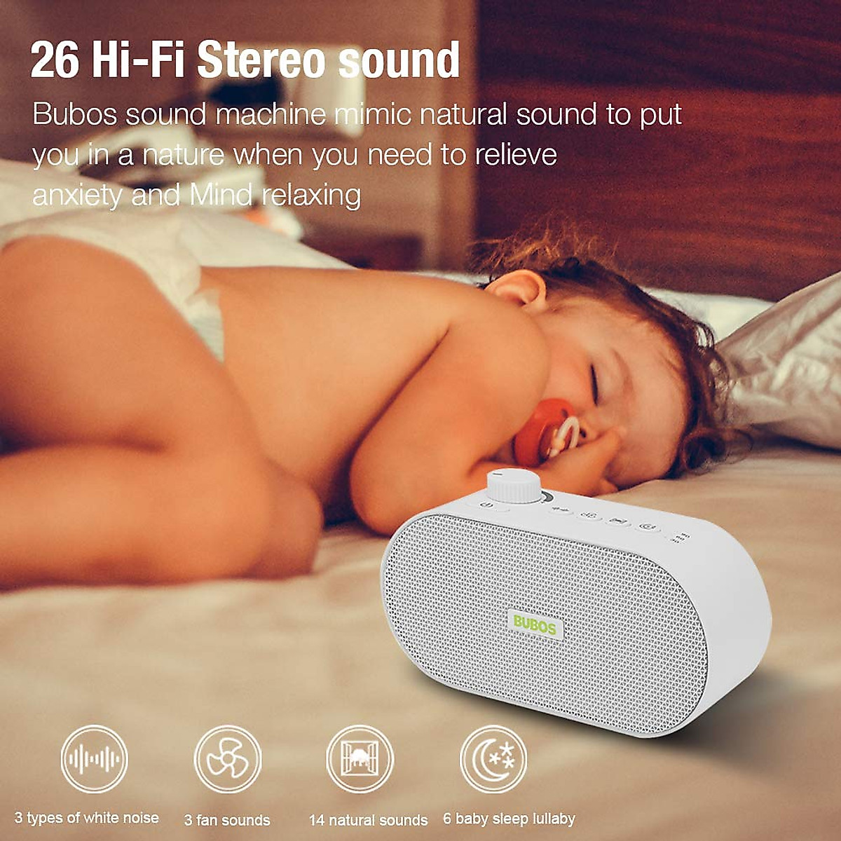 Bubos White Noise Machine, Sound Machine for Sleeping & Relaxing, 26 Non-Looping HiFi Smooth Sounds, 3 Auto-Off Timer, Portable, Sleep Therapy for Home, Office, Baby, Kid,Pets, USB or AC Powered