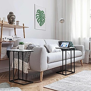 Possile C Shaped Side Table Set of 2, Marble End Table for Sofa and Bed, Couch Table That Slide Under, Snack Side Table for Living Room, Bedroom or Small Spaces, White and Black