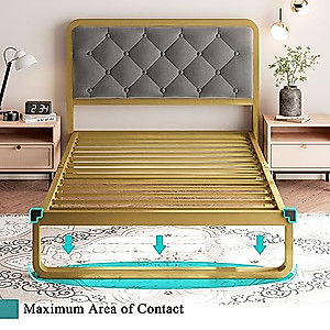 iPormis Twin Size Metal Bed Frame with Velvet Button Tufted Headboard, Curved Platform Bed Frame, Thicker Metal Steel Slats Support, 12'' Under-Bed Space, Noise-Free, Easy Assembly, Gold & Grey