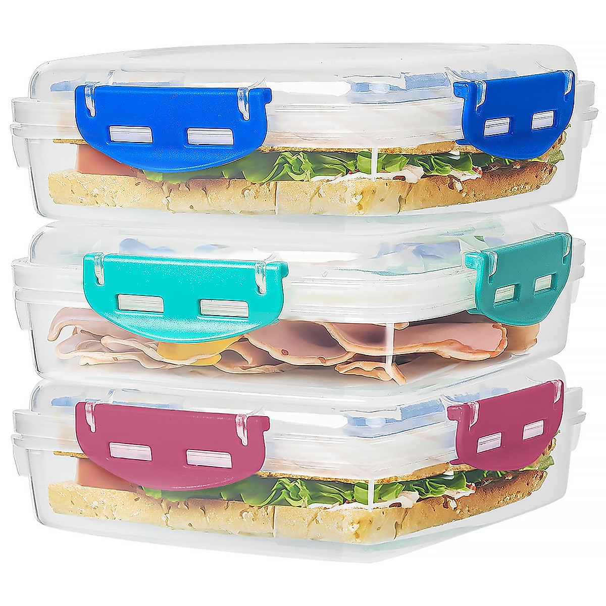 Freshmage 3 PCS Sandwich Containers with lids - 100% Airtight & BPA-Free & Microwave and Dishwasher Safe Kitchen Storage Containers, Included 3 Different Color Sandwich Containers for Lunch Boxes