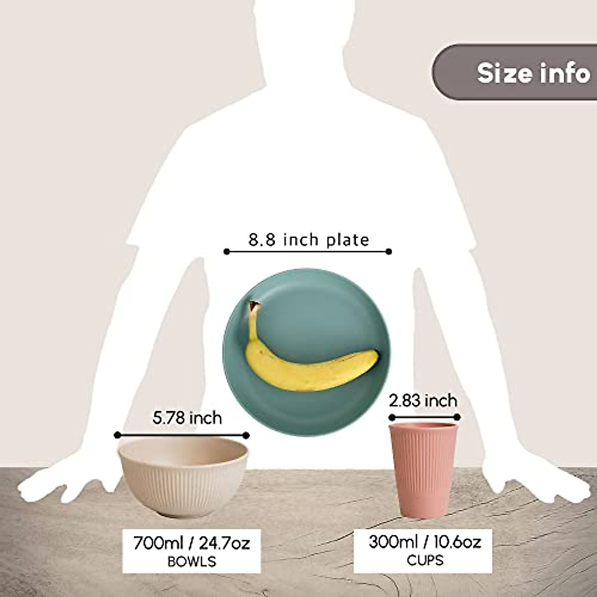 Wheat Straw Dinnerware Sets -Multicolor Dinnerware set w/Wheat Straw Plates, Bowls & Utensils - Dishwasher & Microwave-Safe Dishes Set for 4 - Seniors & Kids Plates and Bowls Sets by Slow Hour