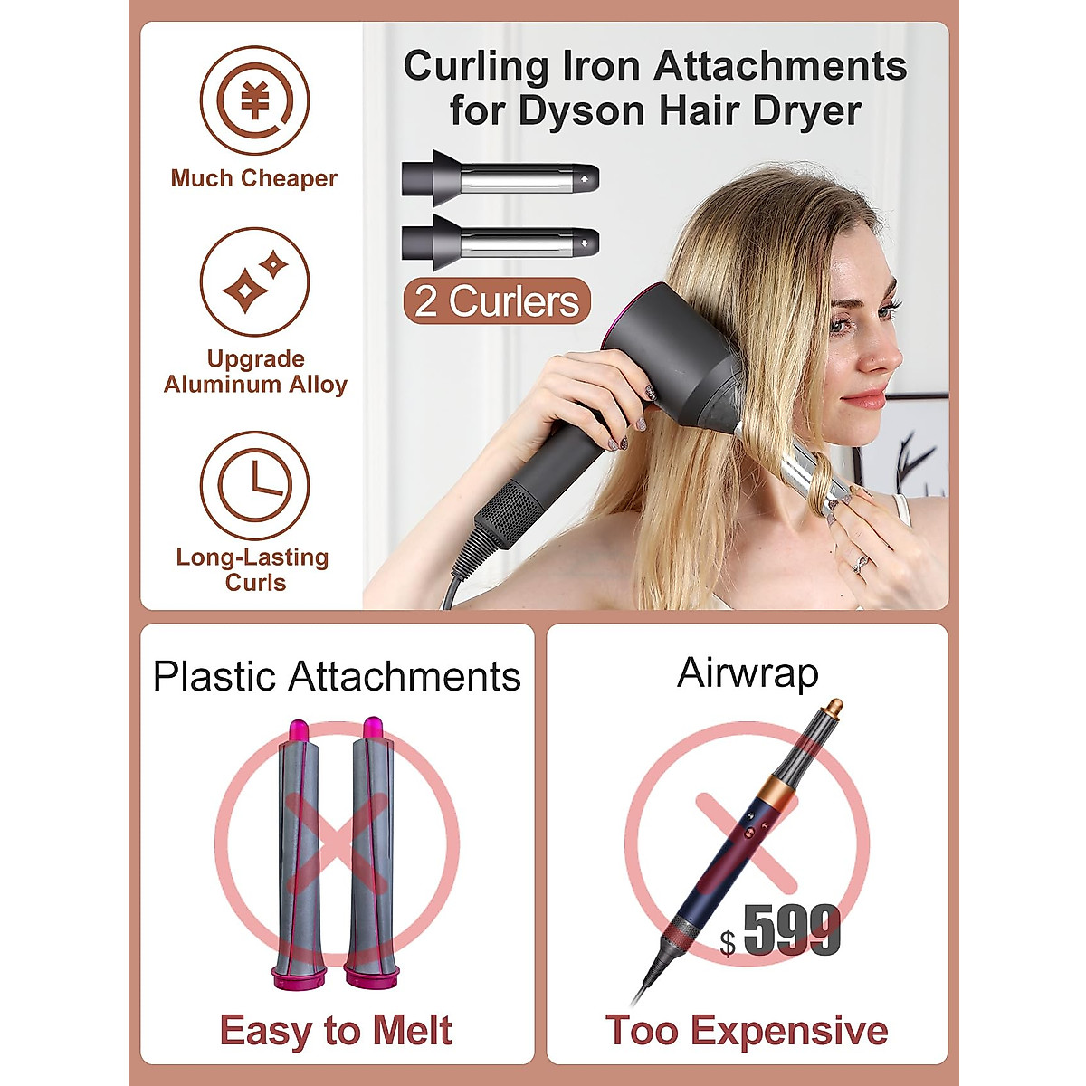 Automatic Curling Wands Attachments with 2 Curlers for Dyson Supersonic Hair Dryer Airwrap, Long Hair Waver Styling Iron Tool Blow Dryer Accessories for Women