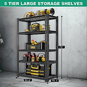 Homfstyi Garage Shelving, 72'' Metal Garage Storage Shelves, Heavy Duty Shelving Units with 5 Tier Adjustable Board for Warehouse, Basement, Kitchen, 35.8'' W x 16'' D x 72'' H,2 Pack, Black