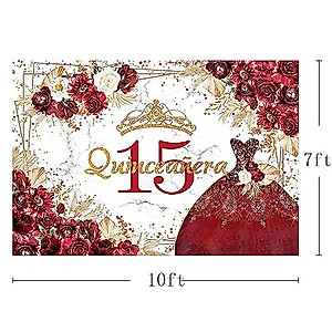 MEHOFOND 10x7ft Boho Floral Quinceanera 15th Birthday Backdrop for Girls Red Flowers Pampas Grass Mis Quince Anos 15th Birthday Party Decorations Photography Background Gold Glitter Dots Crown Banner