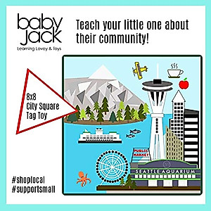 Baby Jack & Co 8x8” Learning Lovey Seattle Washington Tag Toys for Babies - Baby Crinkle Toys - Soft & Safe - Learn USA Cities and Shapes - Ideal Baby Toy & Gift BPA Free w/Stroller Clip